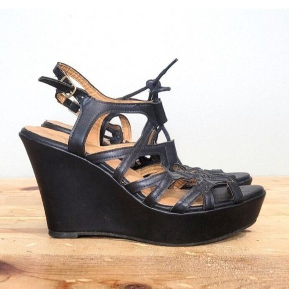 Forever 21 | Shoes | Forever Black Faux Leather Lace Up Wedge Heels Cut ...